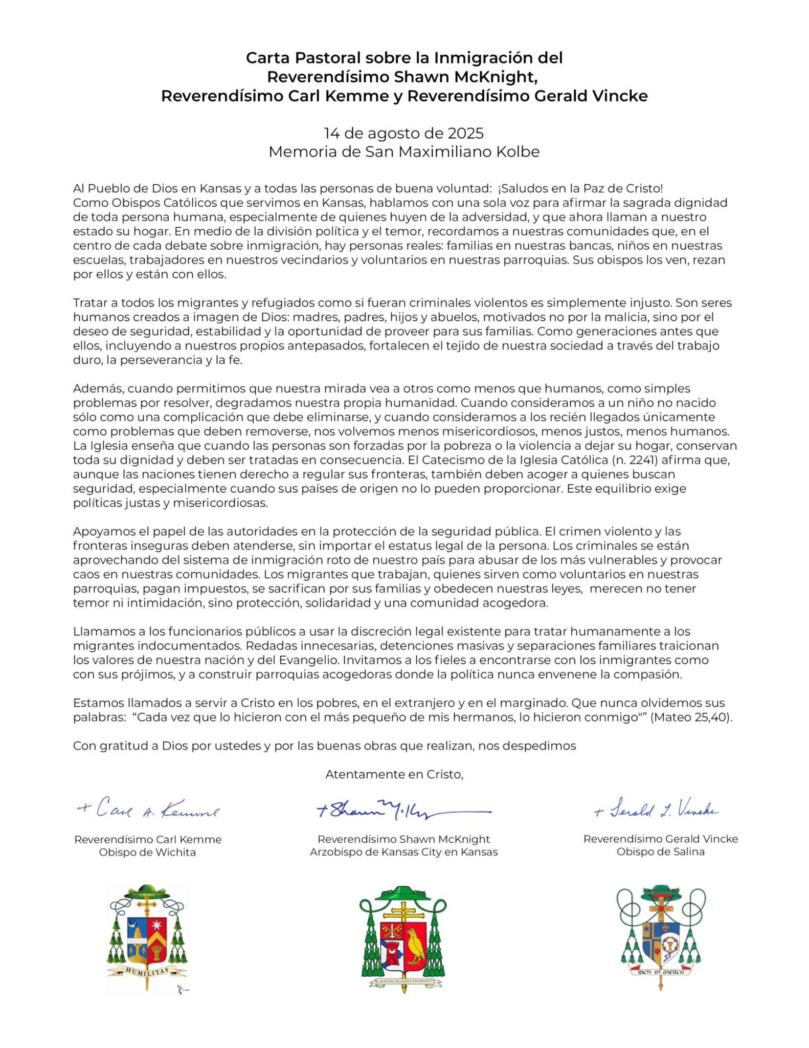 A Pastoral Letter on Immigration from Archbishop McKnight, Bishop Kemme ...