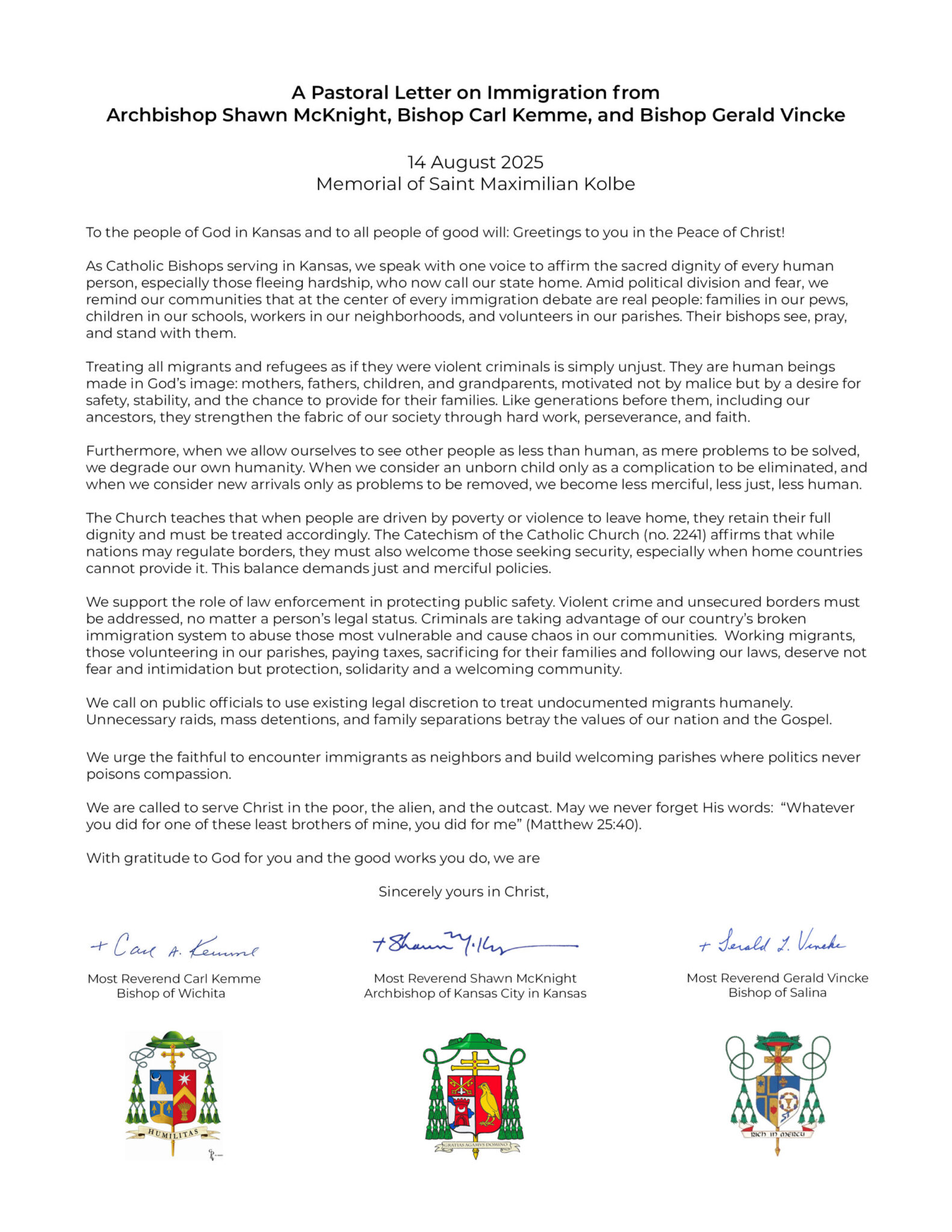 A Pastoral Letter on Immigration from Archbishop McKnight, Bishop Kemme ...